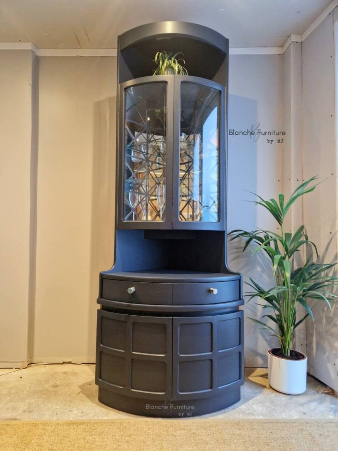 Tall, Mid Century Curved Nathan Corner Drinks Cabinet in Navy Blue With ...