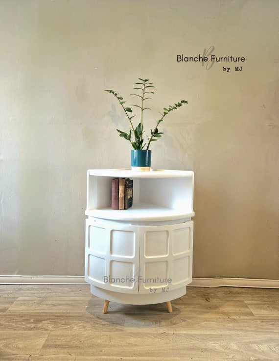 Low Curved Nathan Corner Drinks Cabinet in White on Wooden Legs Etsy