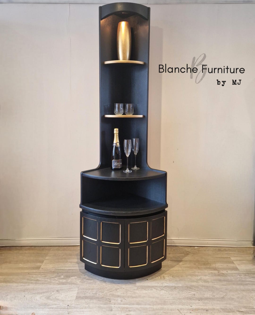 Tall, Mid Century Curved Corner Drinks Cabinet in Black and Gold - by ...