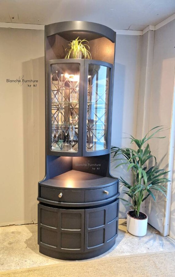Tall Mid Century Curved Nathan Corner Drinks Cabinet in Navy Blue With Geometric Patterned Mirrors by Nathan. Etsy