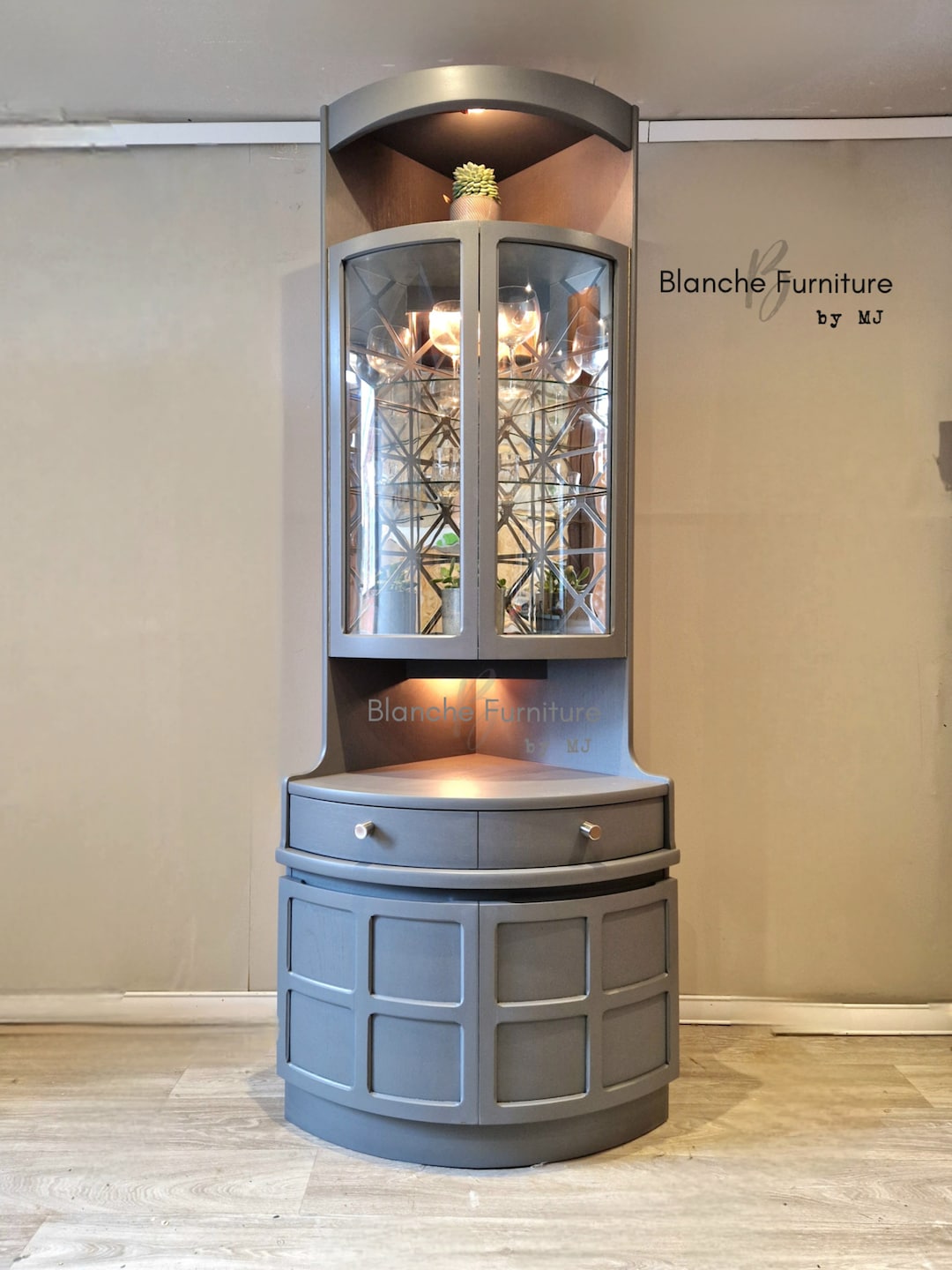 Tall, Mid Century Curved Nathan Corner Drinks Cabinet in Grey With ...