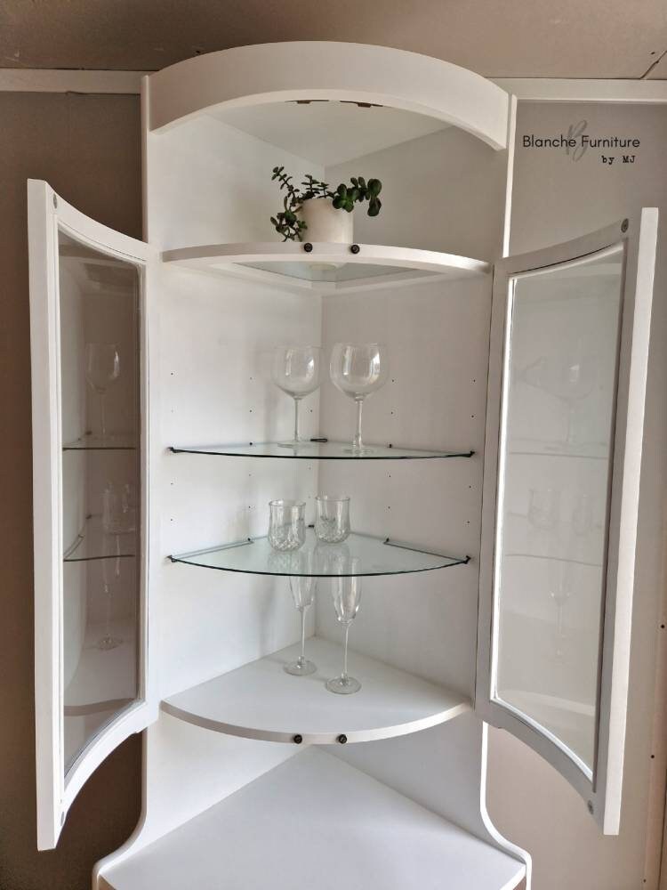Tall, Mid Century Curved Corner Drinks Cabinet in White With Light - by ...