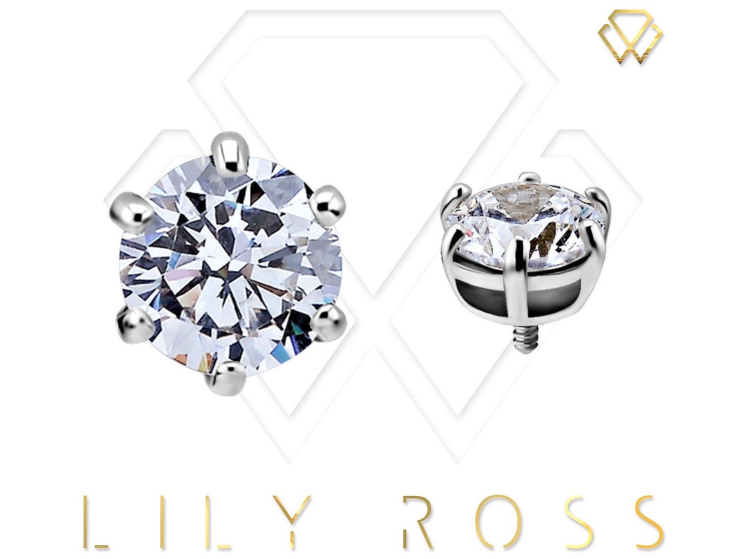 18k Solid White Gold 14g Internally Threaded Jeweled Ball, Screws on ...