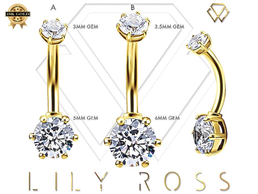 Beautiful 18k Solid Gold Double Gems Internally Threaded Belly Button ...