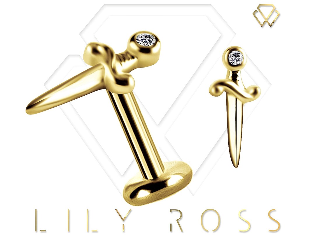 18K Solid Gold Dagger Cartilage Earring Set With Premium Swarovski ...