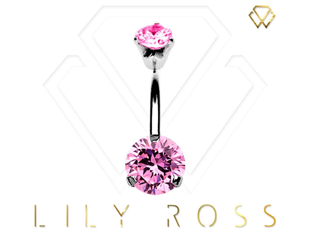 Medium Double Gem Belly Button Ring With 5A Grade Pink Swarovski Cz ...