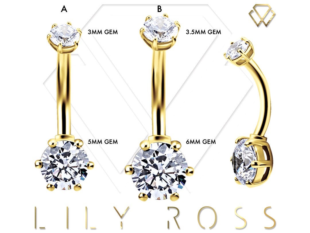 Beautiful 18k Solid Gold Double Gems Internally Threaded Belly Button Ring-5a Grade Swarovski Cz ...