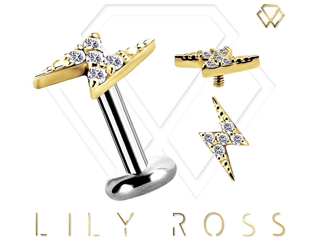 18k Solid Gold Tiny Flash Cartilage Earring - 16G Internally Threaded ...