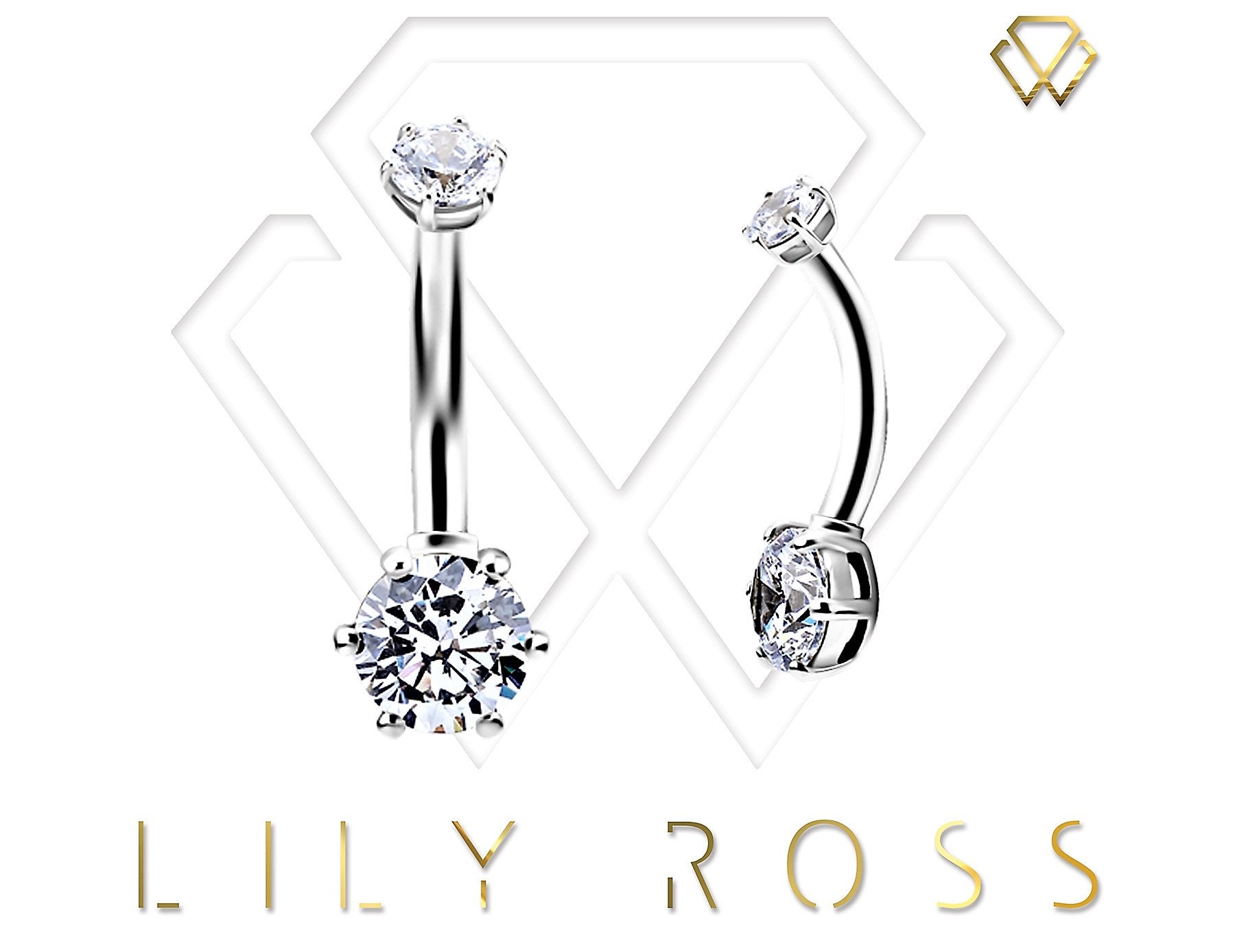 Beautiful 18k Solid White Gold Double Gems Internally Threaded Belly ...