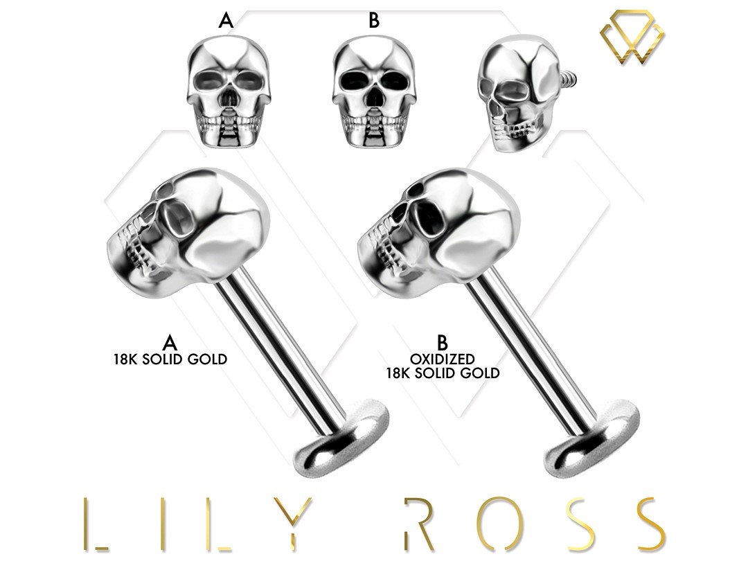 New 18k Solid White Gold Skull Cartilage Earring 16G Internally ...
