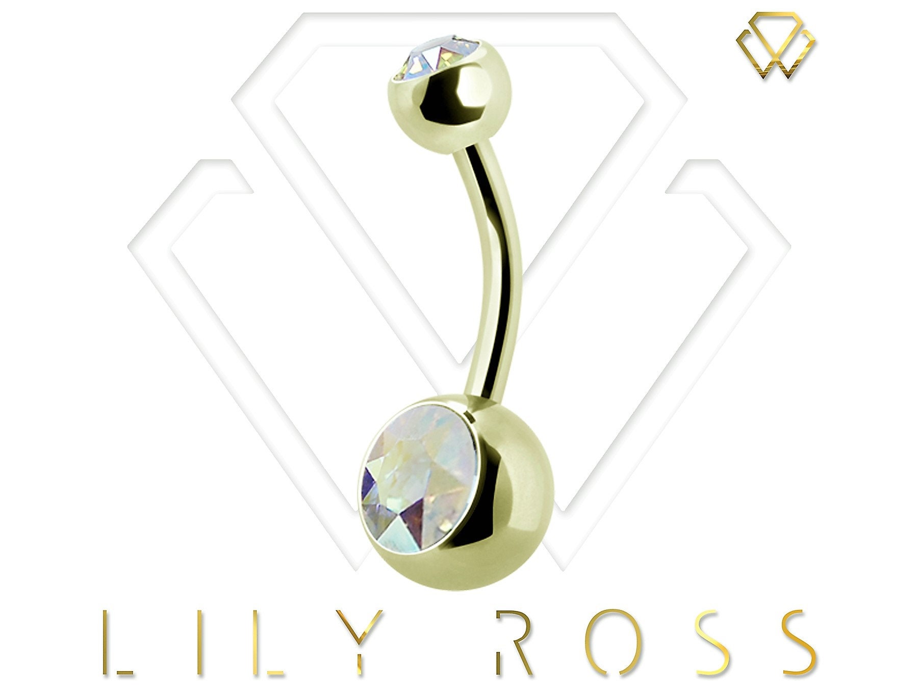 Gold Belly Button Ring Set With Aurora Borealis Swarovski Cz..10k Gold ...