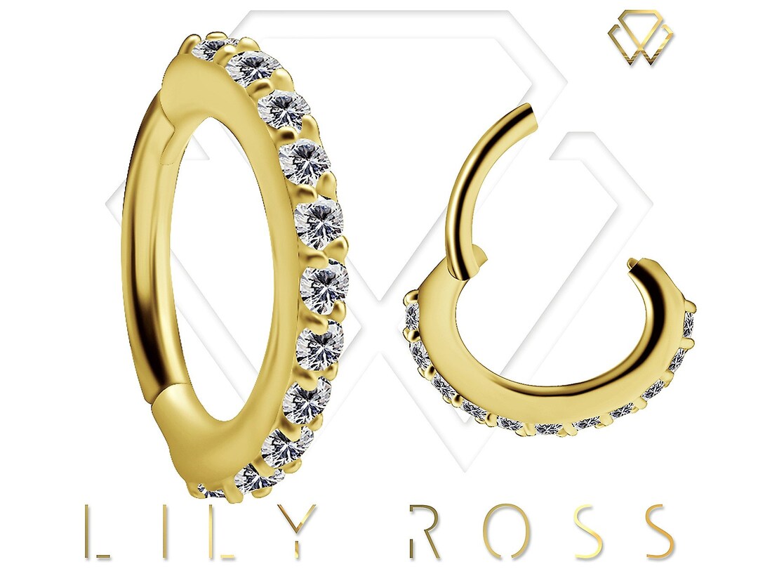 18K Solid Gold Oval Rook Clicker Set With 5A Grade Premium Swarovski ...