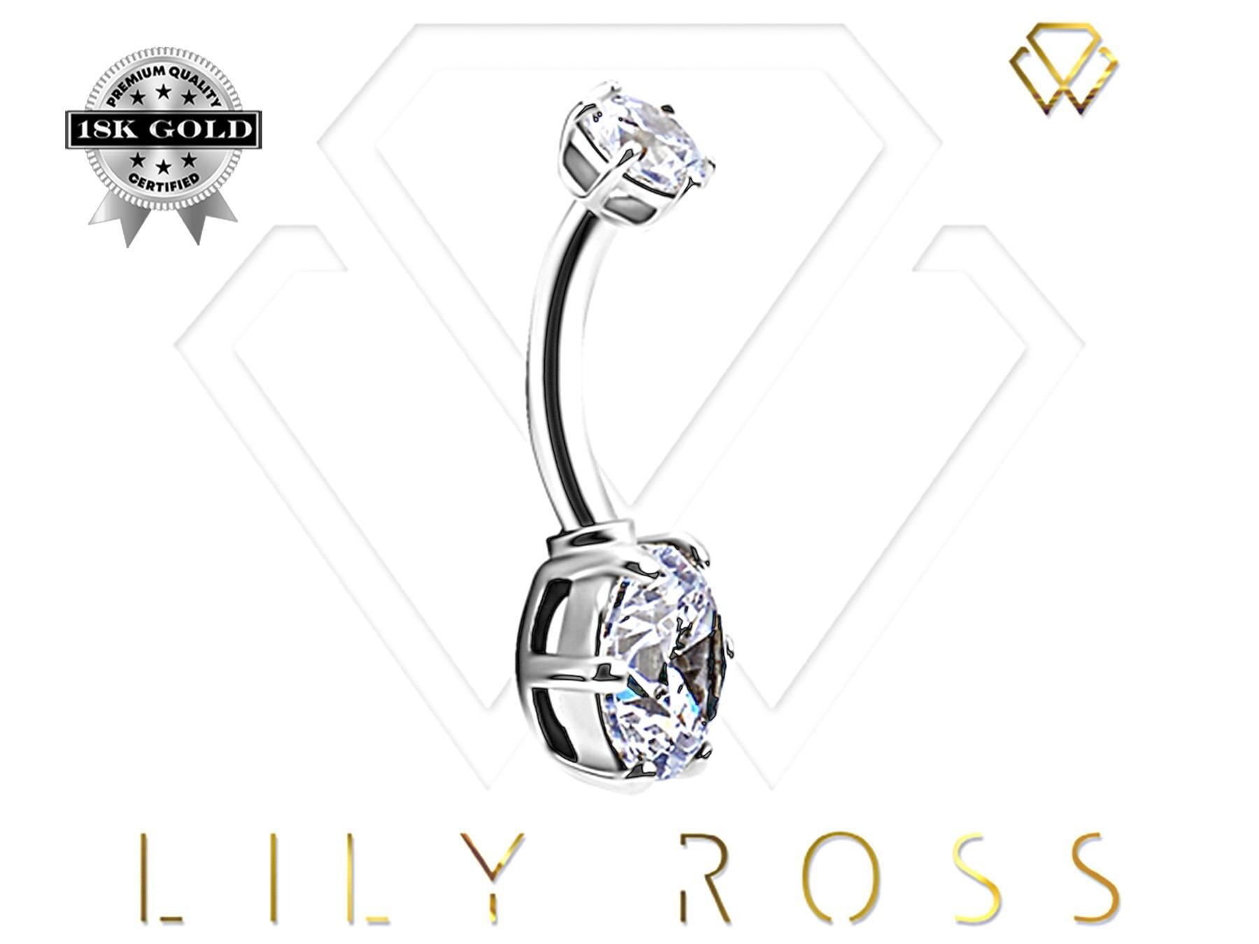 18k Solid White Gold Beautiful Internally Threaded Double Gems Belly ...