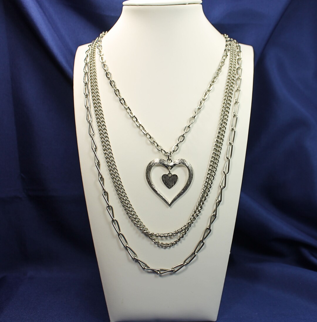 Silver Tone 4 Strand Chain Necklace With Heart Pendant - 32 Inch - Etsy