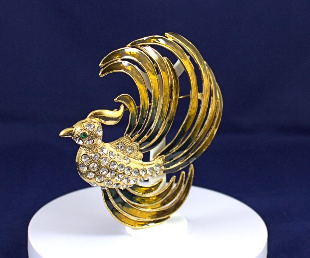 Bold Unique Multi-color gold Green Enamel Crystal Exotic Bird Brooch - Etsy