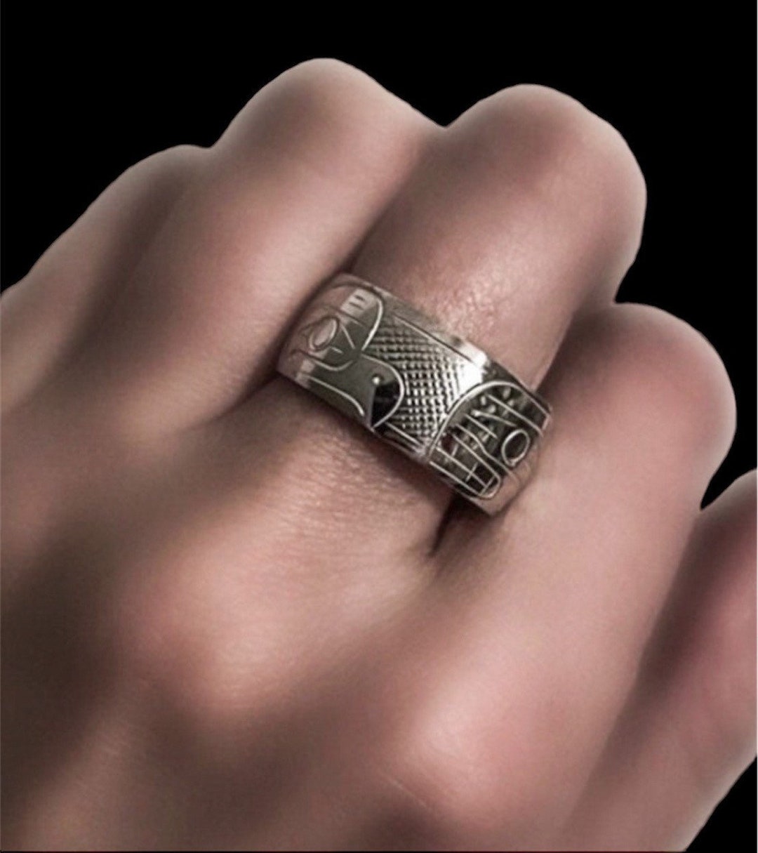 Native Silver Ring, 3/8 Hand Carved Eagle Orca Band, Silver Band, Mens ...