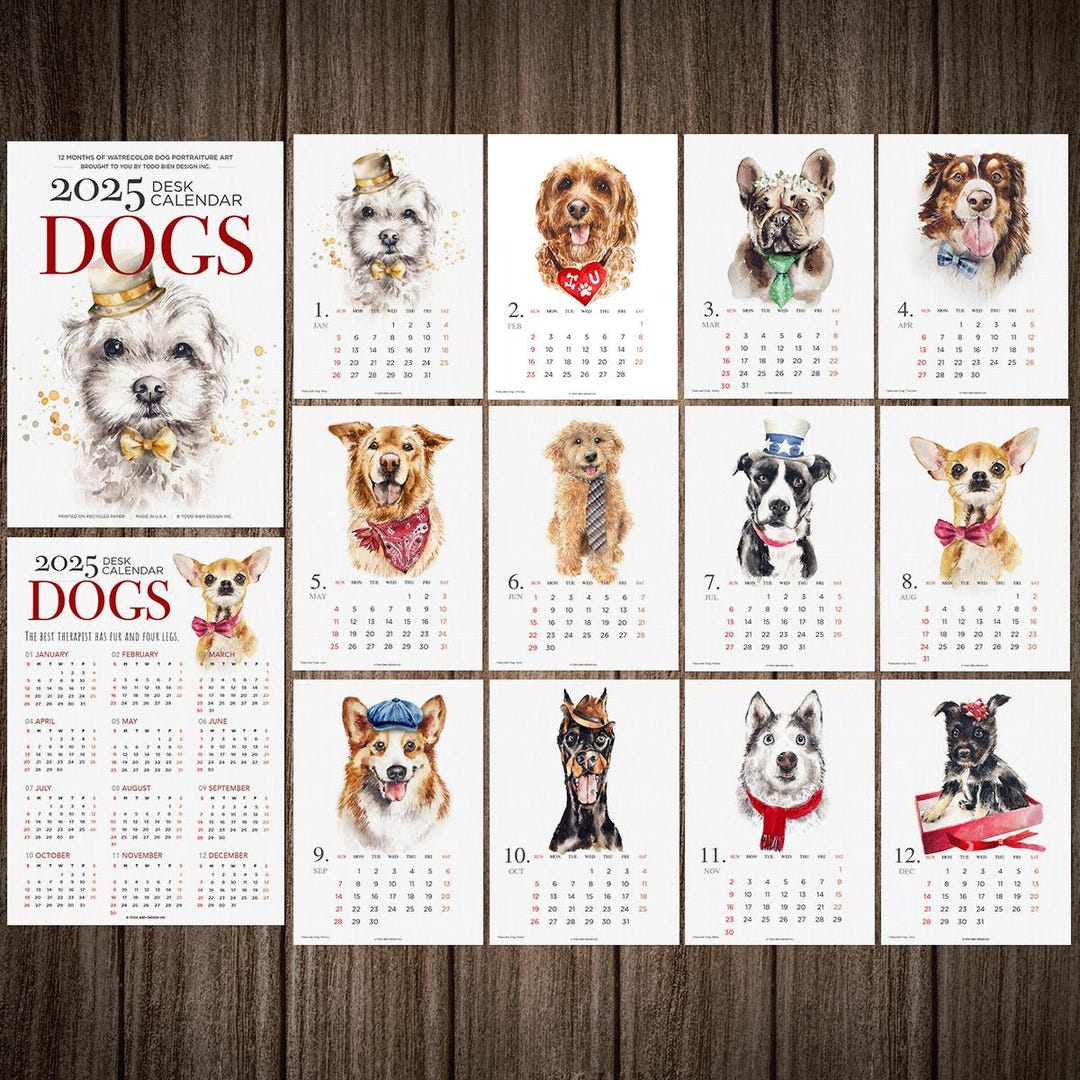 2025 Monthly Dogs Desk Calendar 5x7 Watercolor Dog Portrait Paintings ...