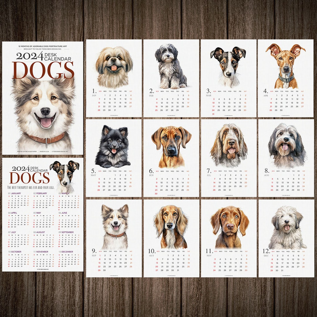 2024 Monthly Dogs Desk Calendar 5x7 Watercolor Dog Portrait Paintings ...