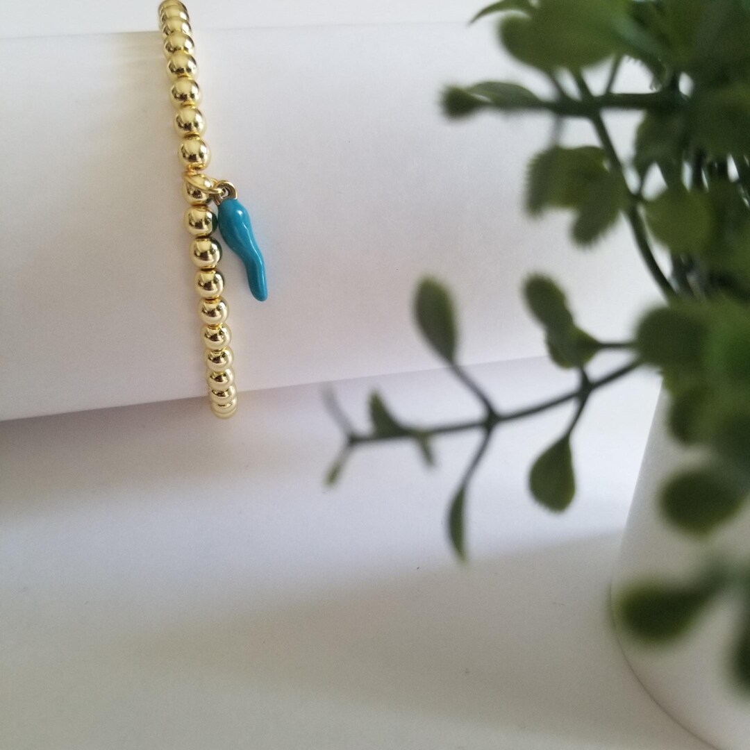 Cornicello pepper Italian Lucky Charm in Blue, on Gold 3mm Hematite ...