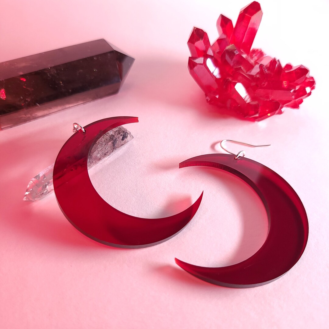 Crescent Moon Earrings / Dark Red / Dark Moon / Dangle / Laser Cut ...