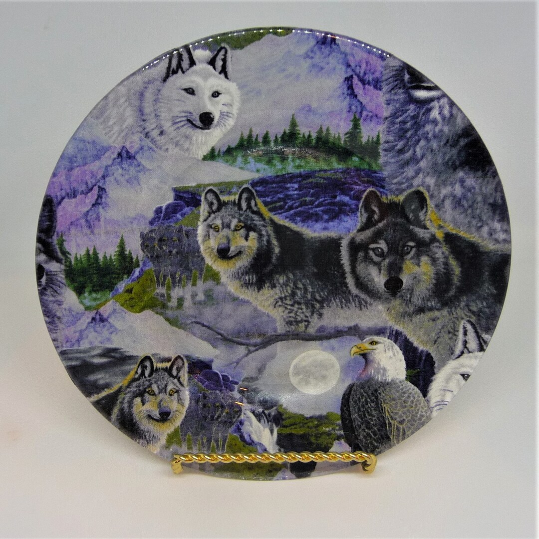 8" Snack Plate/display Plate, Gorgeous Wolf Print Fabric Covered Glass ...