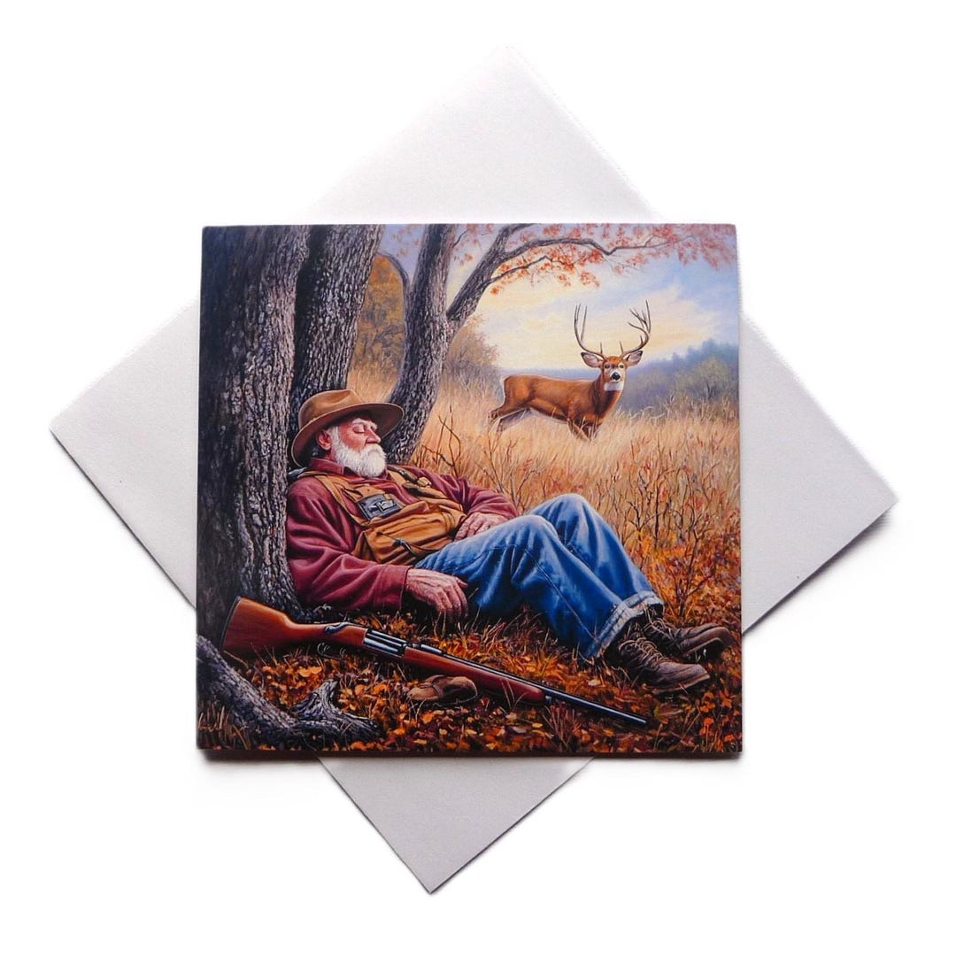 Comical AI Generated Artwork of Deer Hunter Napping Under Tree as Deer ...