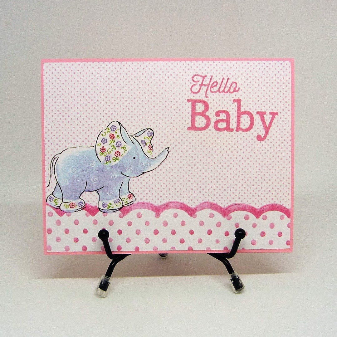 Hello Baby Pink Napkin Art Note Card, Polka Dots, Elephant, Baby Girl ...