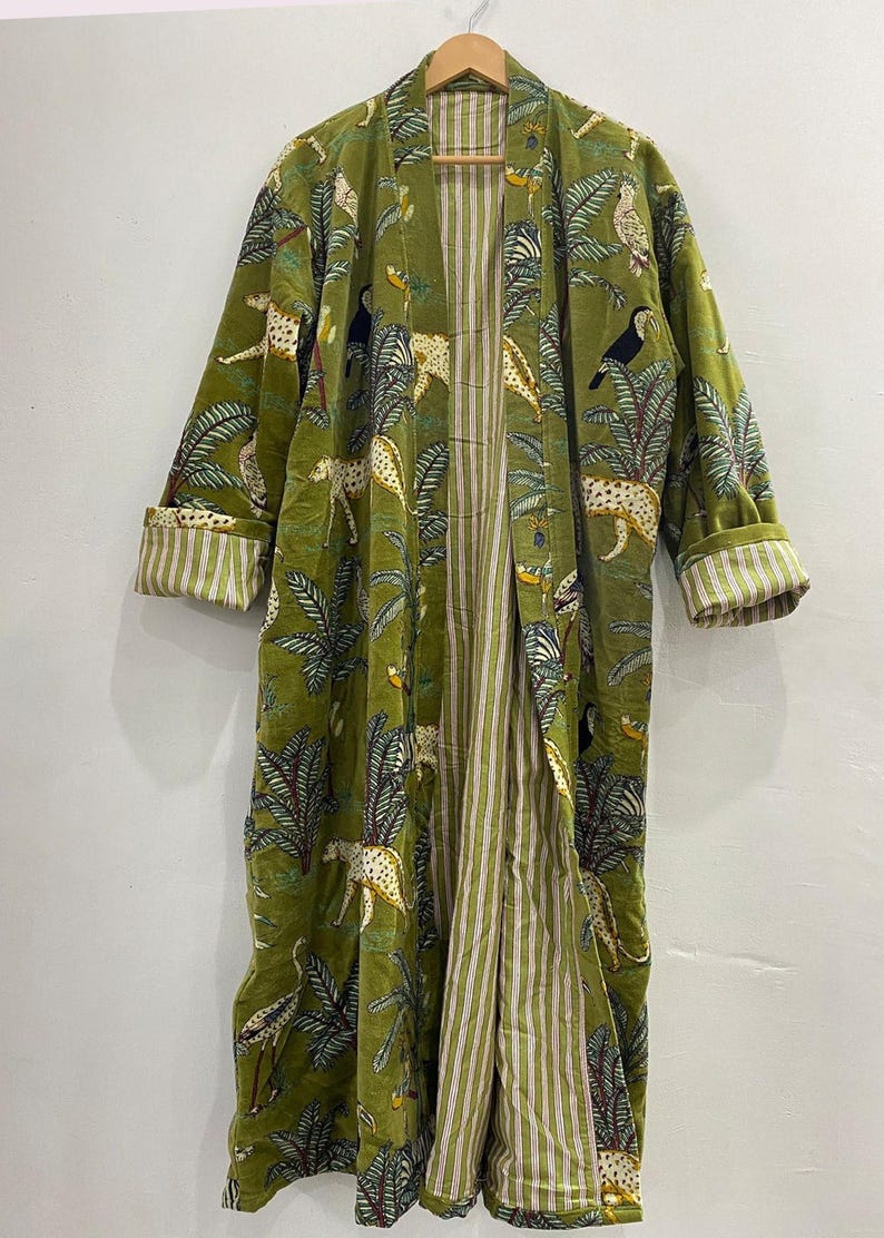 Premium Quality Green Floral Velvet Robes Jacket Coat Kimono Bathrobe ...