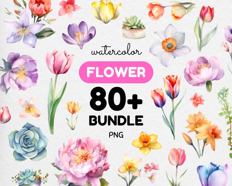 Watercolor Flower Clipart BUNDLE 80 PNG Images Clipart Set Instant ...