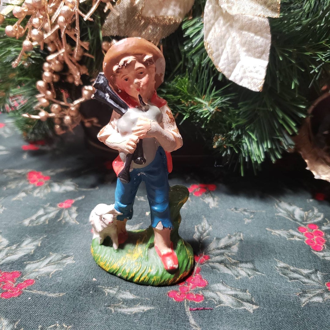 Little Shepherd Boy With Sheep Playing Pipes , Italian Creche Figurine ...