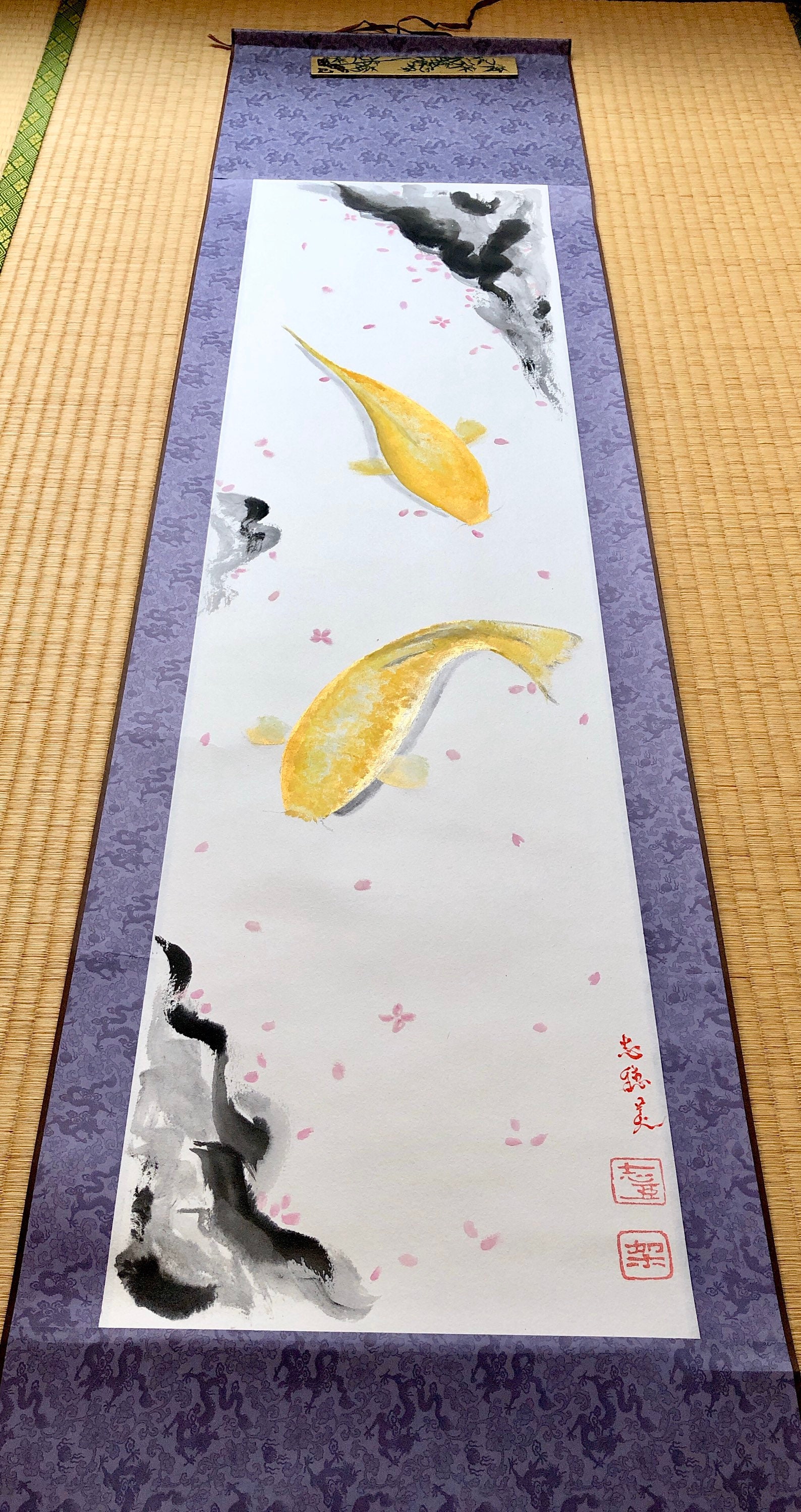 Extra large hanging scroll of Gold Koi fish with SAKURA | Etsy