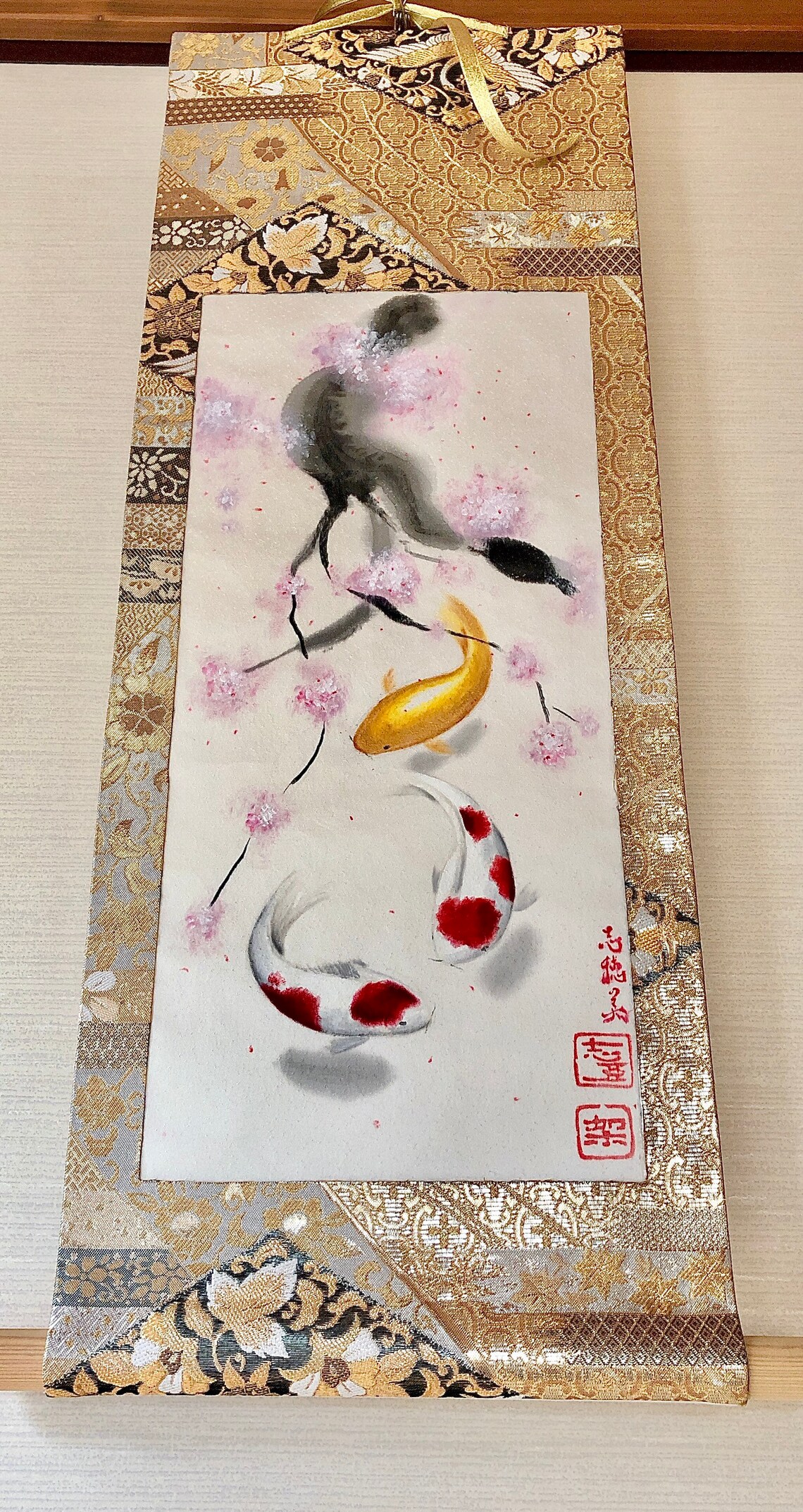 Gorgeous Kimono Silk Obi Belt Japanese Painting Koi Fish With Sakura ...