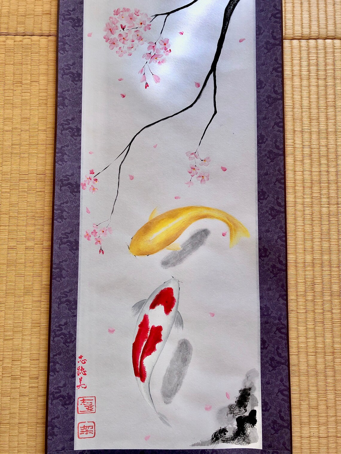 Extra large hanging scroll of FUll moon SAKURA and Koi fish | Etsy