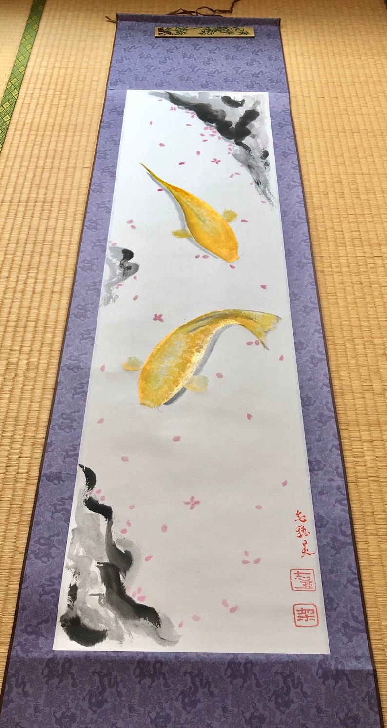 Extra large hanging scroll of Gold Koi fish with SAKURA | Etsy