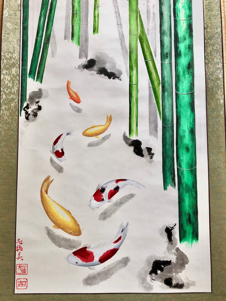 Koi Pond in Bamboo Forest Wide Large Hanging Scroll, ZEN Style Koi With ...