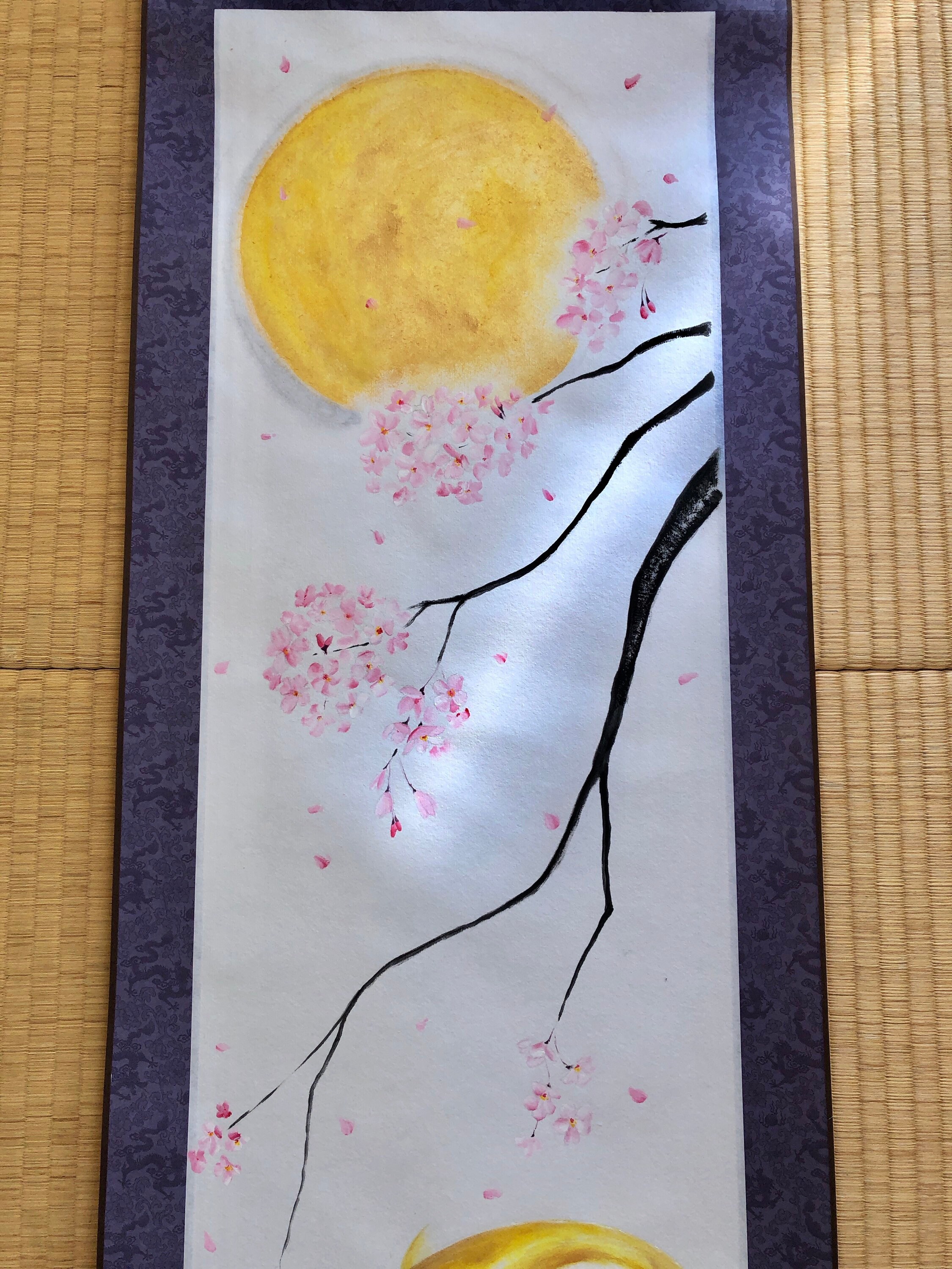Extra large hanging scroll of FUll moon SAKURA and Koi fish | Etsy