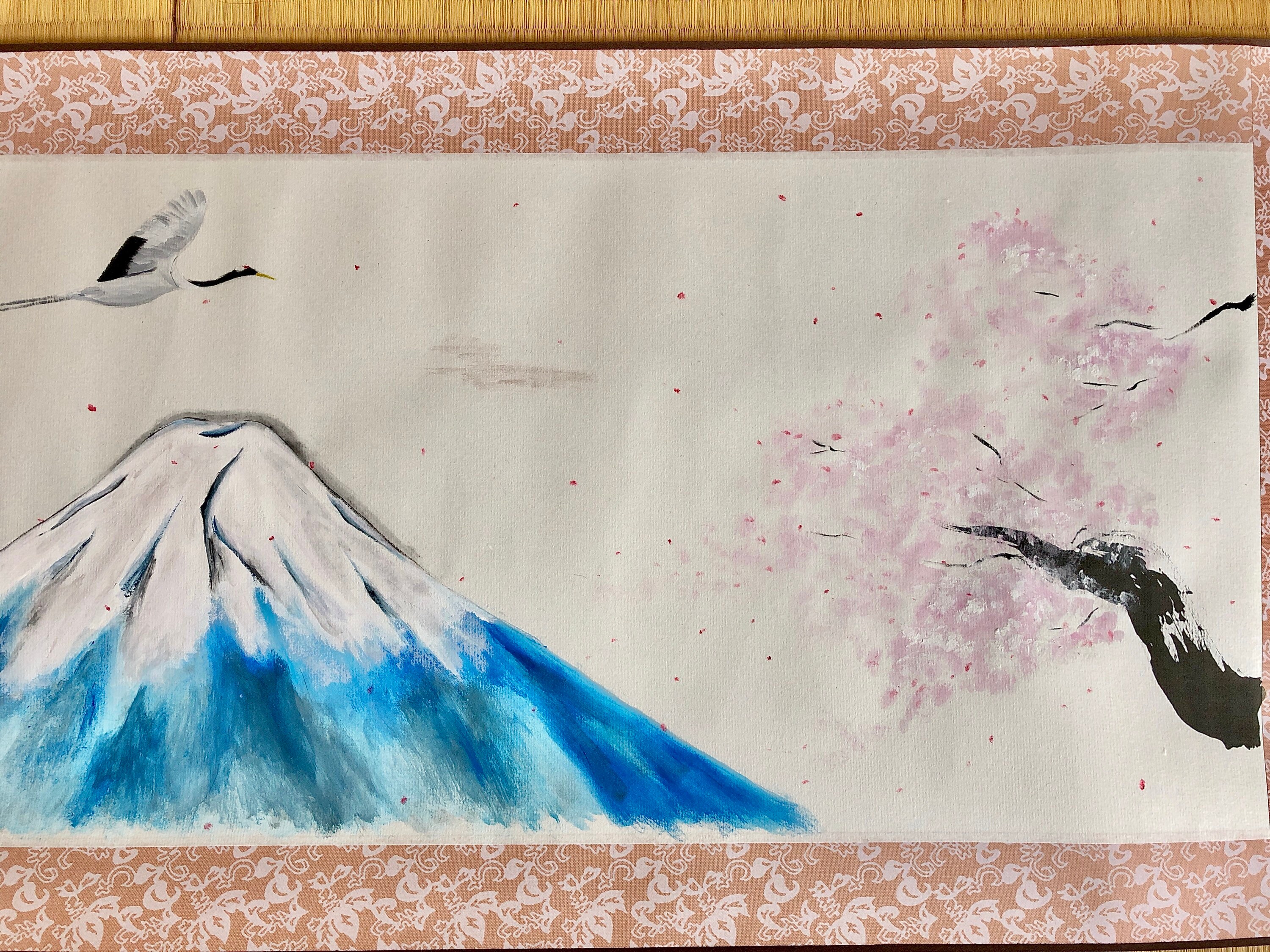 Unique landscape crane birds Mt.Fuji & Sakura calligraphy | Etsy