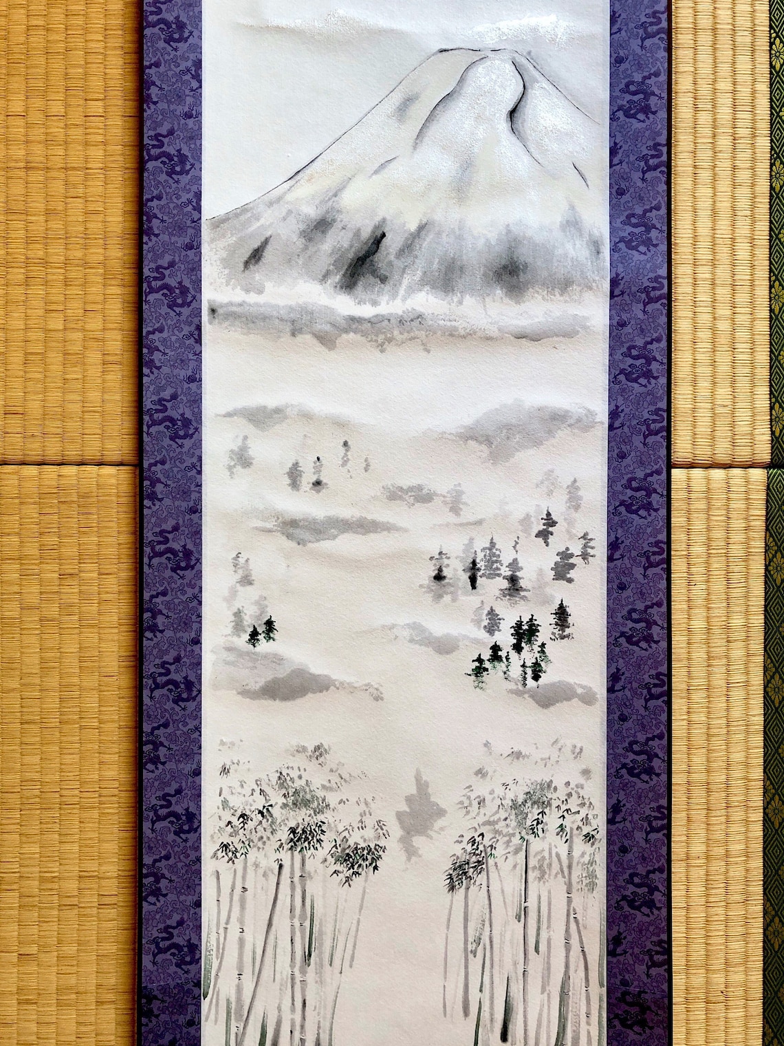 ZEN Style Mt.fuji With Pine Tree & Bamboo Forest Calligraphy | Etsy