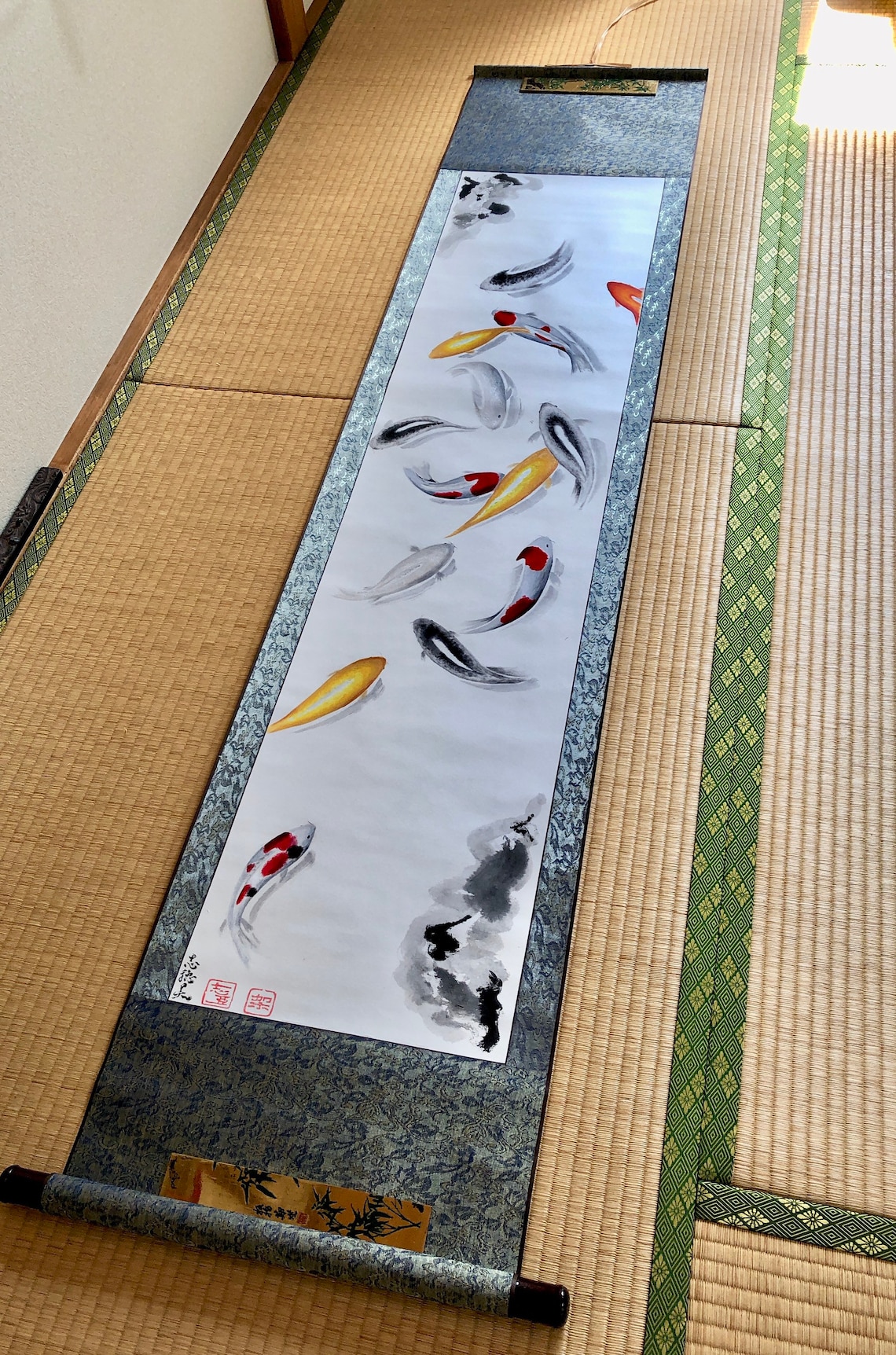 Large Koi Pond Koi Fish Japanese Painting Kakejiku Hanging Scroll ...