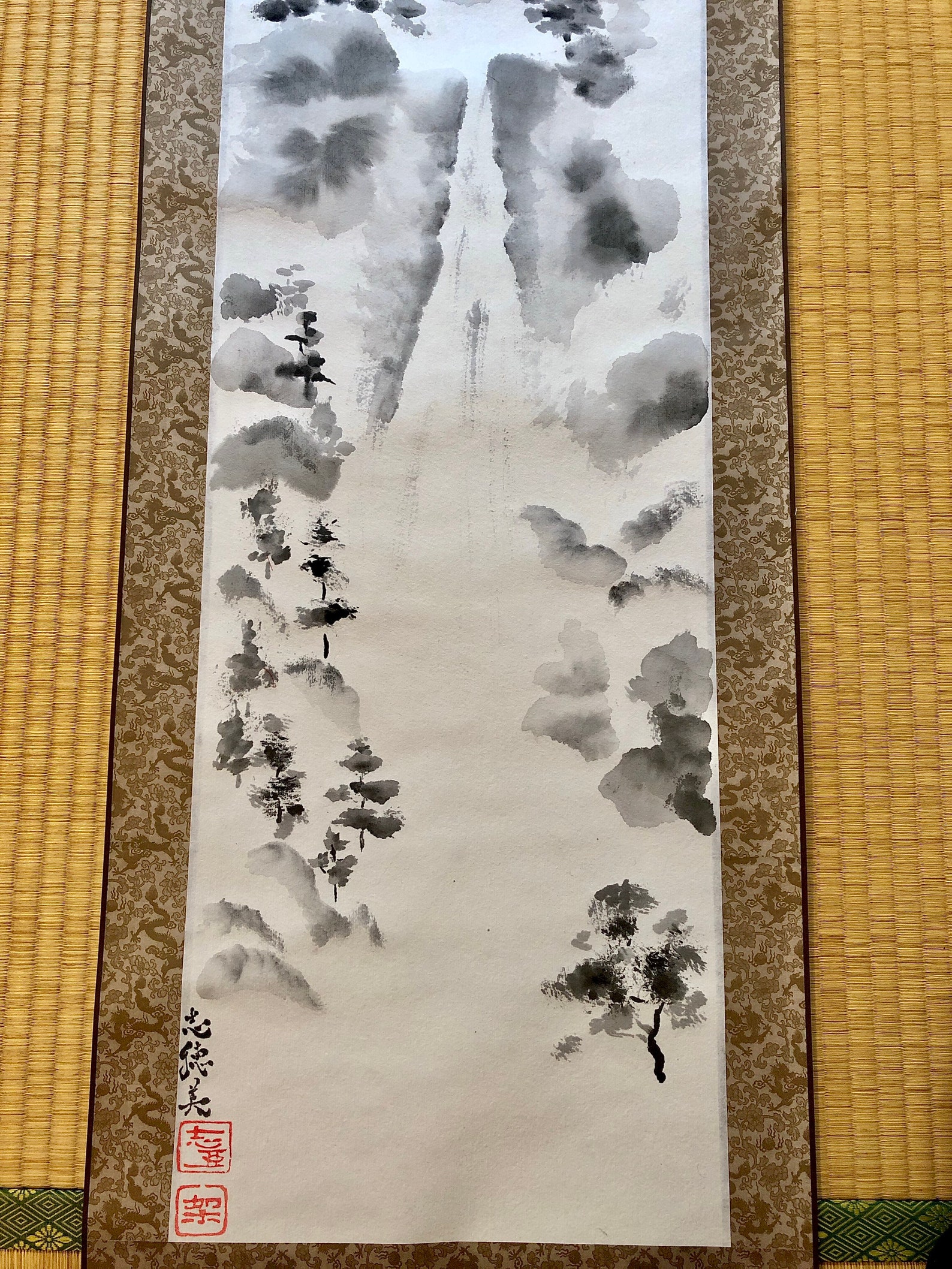 Extra-large Calligraphy Art Japanese Scenery of Mt.fuji and Water Fall ...