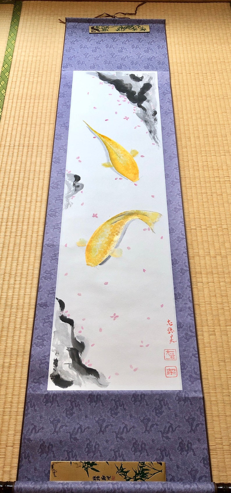 Extra large hanging scroll of Gold Koi fish with SAKURA | Etsy