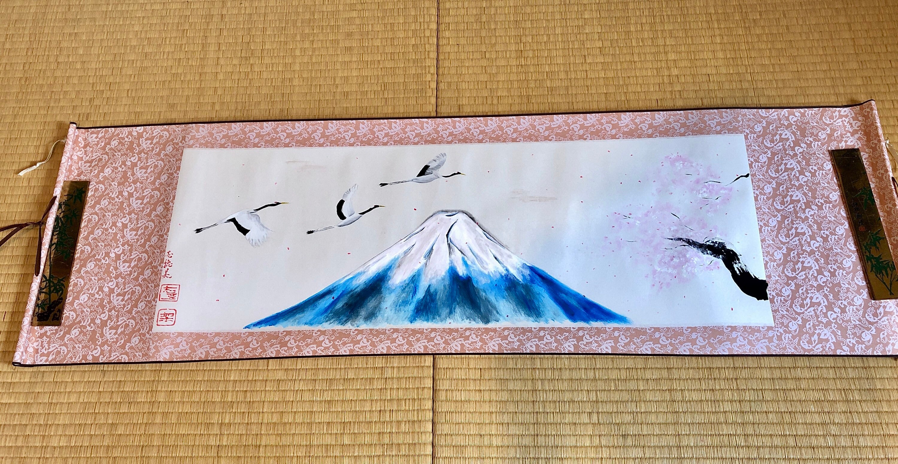 Unique landscape crane birds Mt.Fuji & Sakura calligraphy | Etsy