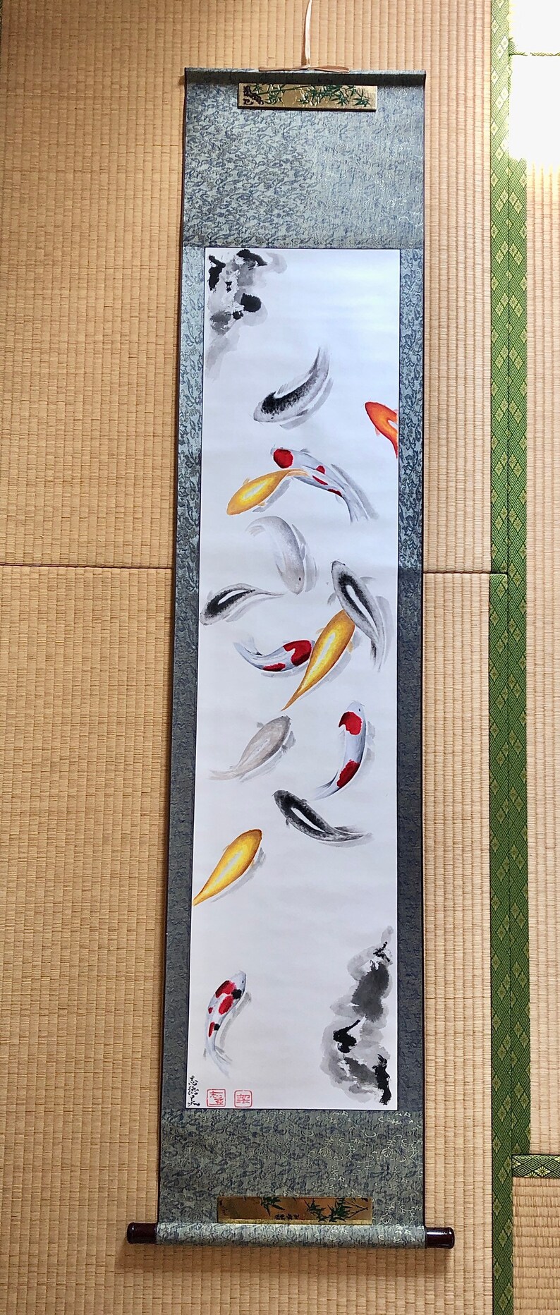 Large Koi pond Koi fish Japanese painting Kakejiku hanging | Etsy