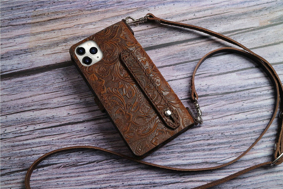 Shoulder Strap Tooled Leather iPhone 16e/15 Pro Max/15 Plus/14 Pro Max ...