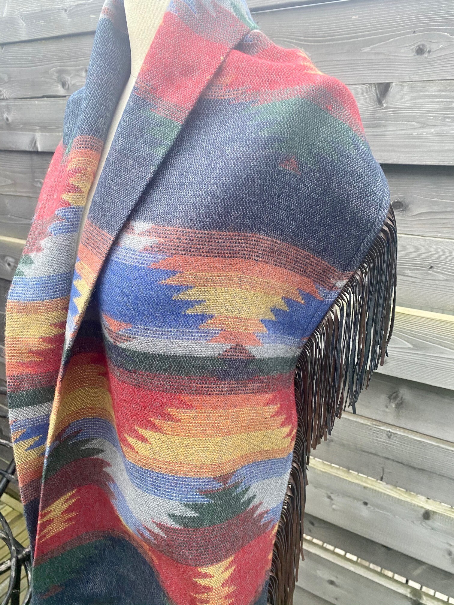 Rainbow Aztec Shawl With Brown Faux Leather Fringe - Etsy