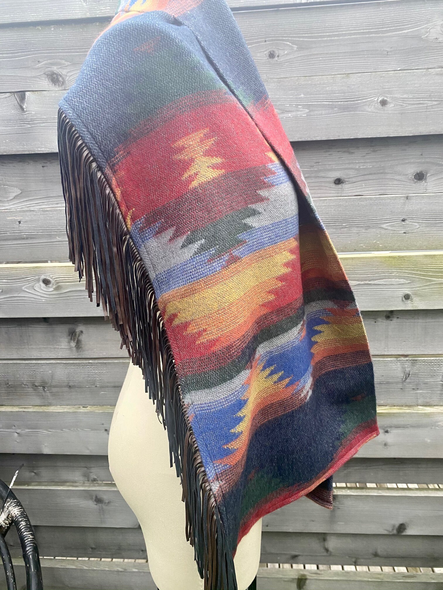 Rainbow Aztec Shawl With Brown Faux Leather Fringe - Etsy