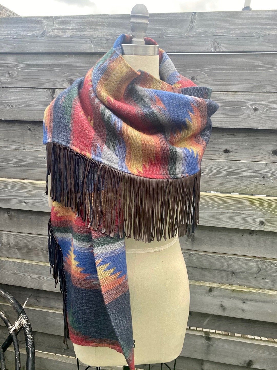 Rainbow Aztec Shawl With Brown Faux Leather Fringe - Etsy