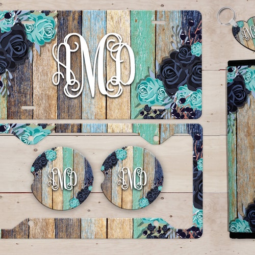 Monogram License Plate Wood Look Floral Car Tag Personalized - Etsy