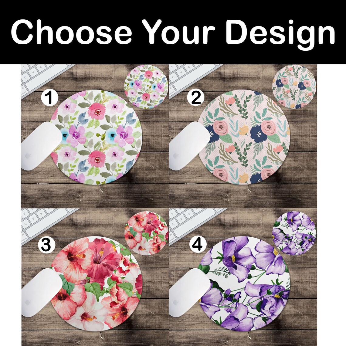 Watercolor Floral Mouse Pad & Coaster Pink Blue | Flower Mousepad ...