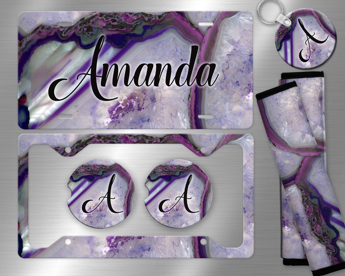 Purple Agate Geode License Plate & Frame: Car Coasters and Seat Belt ...